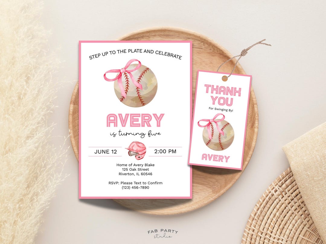 Baseball Birthday Invitation & Favor Tag | Girl Sports Pink Party ...