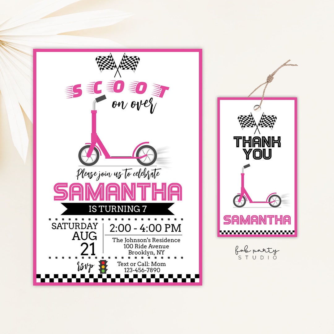 Pink Scooter Birthday Party Invitation Favor Tag Digital Template Girl ...