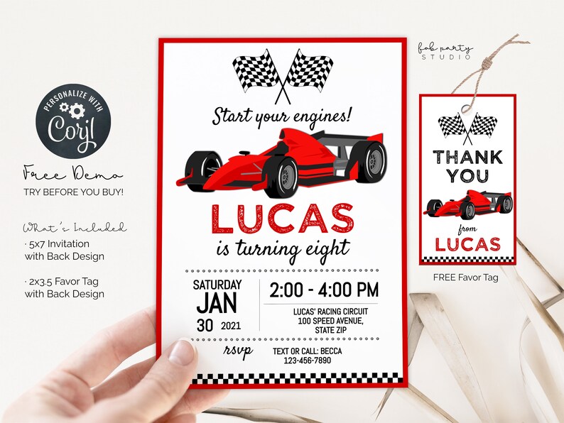 Red Race Car Birthday Party Invitation Favor Tag Digital - Etsy