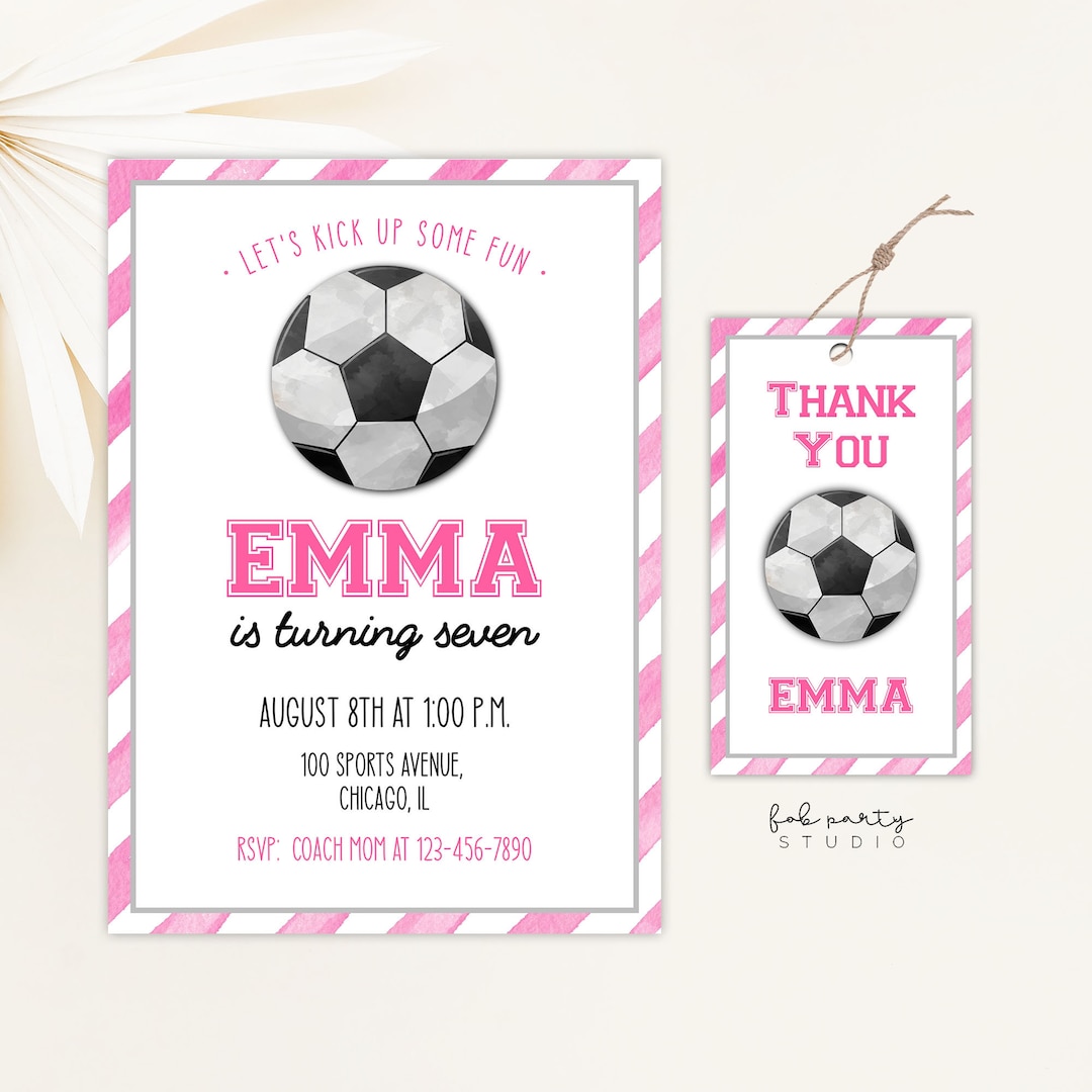Pink Soccer Birthday Party Invitation Favor Tag Digital Template Girl ...