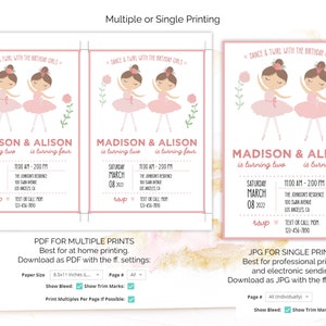 Ballerina Girls Joint Birthday Party Invitation Thank You Card, Ballet ...