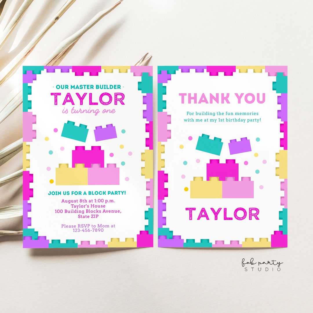 Pastel Building Blocks Birthday Invitation Thank You Card, Color Bricks ...