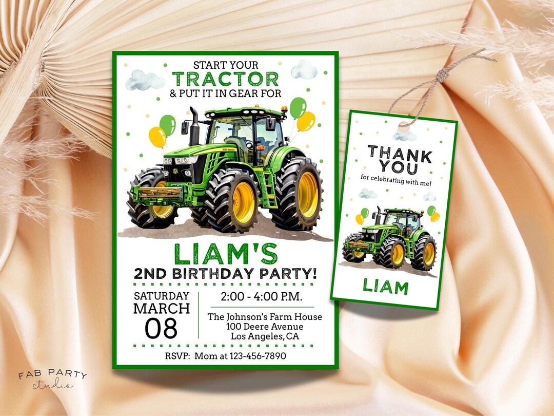 Green Tractor Birthday Invitation & Favor Tag | Rustic Farm Theme ...