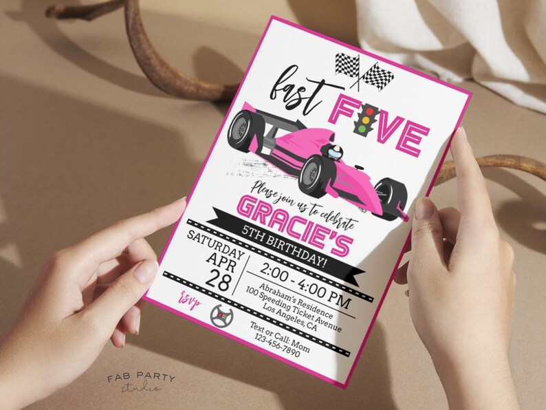 Pink Race Car Fast Five Birthday Party Invitation + Favor Tag | Speed ...