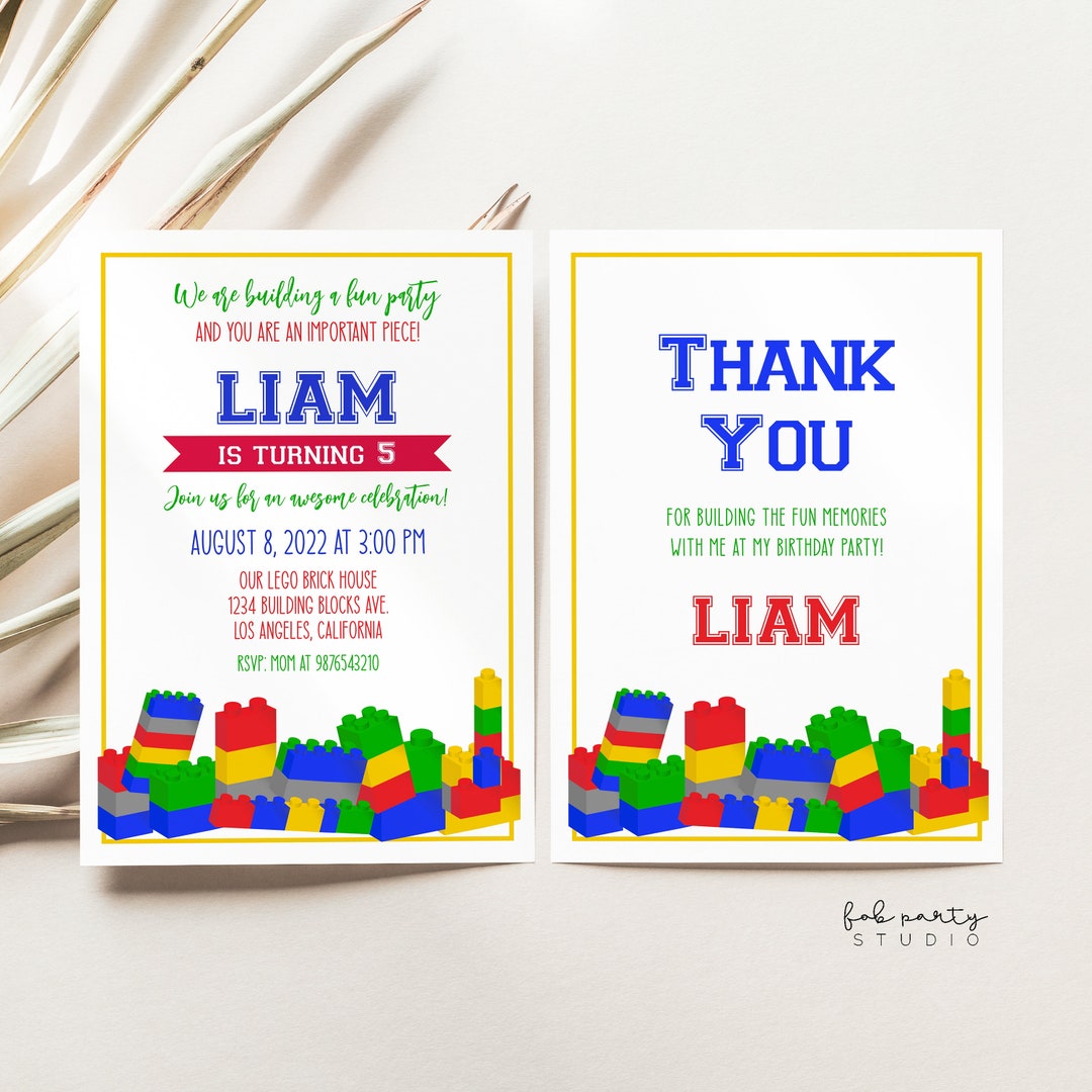 Building Blocks Birthday Party Invitation Thank You Card Digital ...