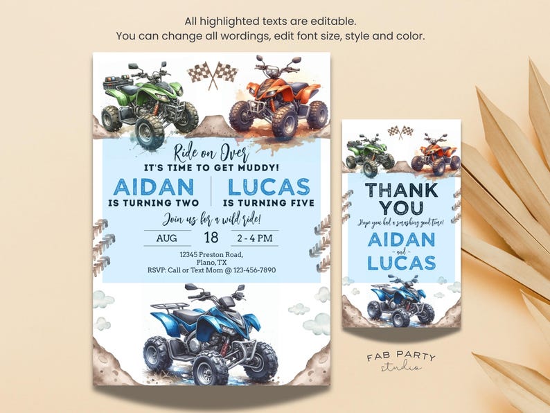 ATV Quad Bike Joint Birthday Invitation + Favor Tag | off Road ...