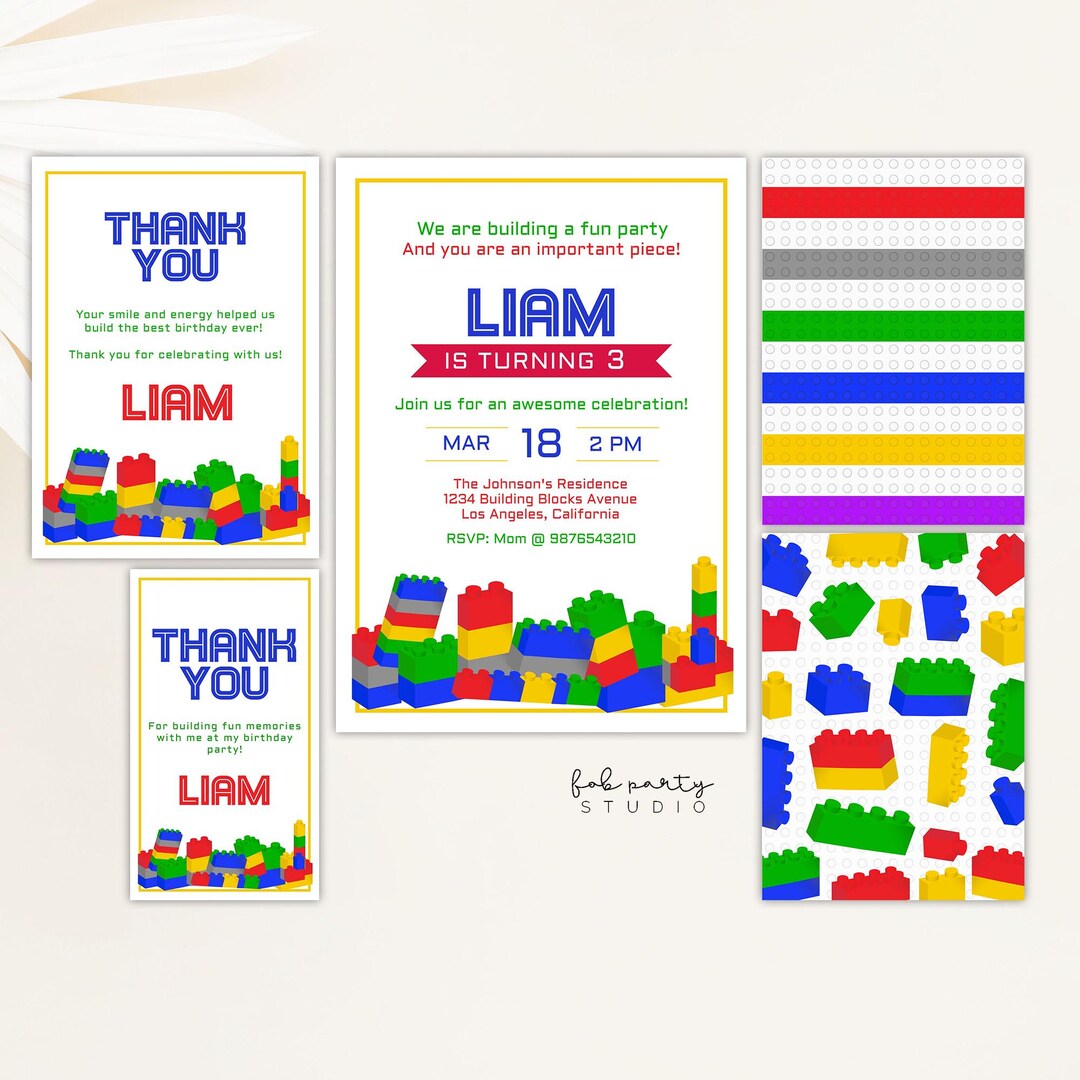 Building Blocks Birthday Party Invitation, Thank You Card & Favor Tag ...