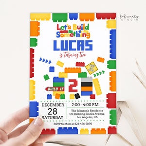 Building Blocks Birthday Party Invitation Thank You Card Editable ...