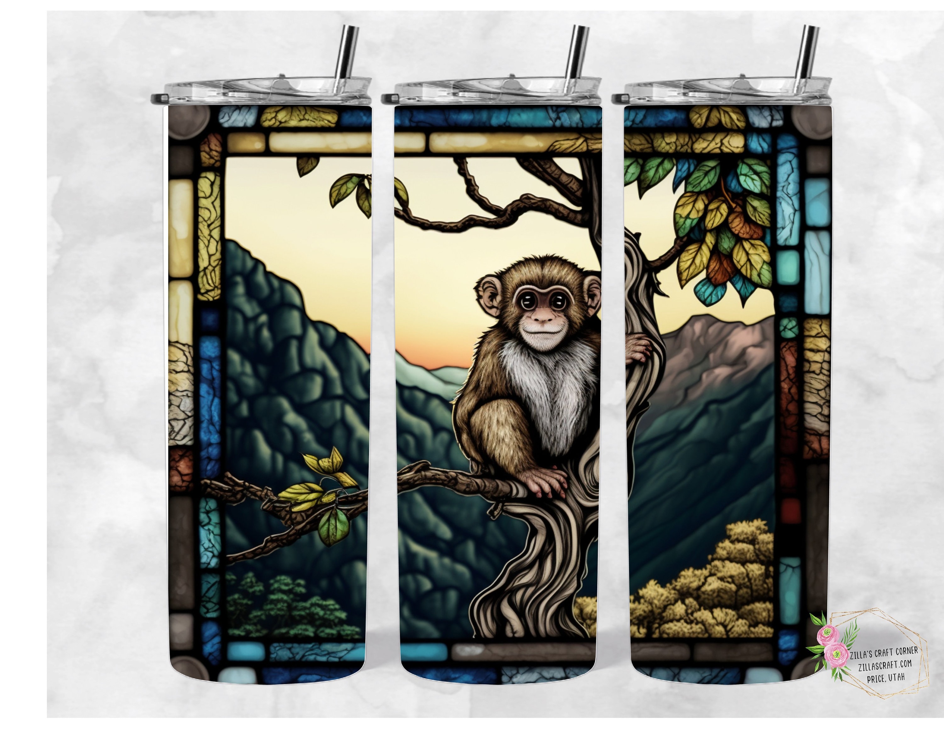 Stained Glass Monkey Chillin' in a Tree 20 Oz Skinny - Etsy