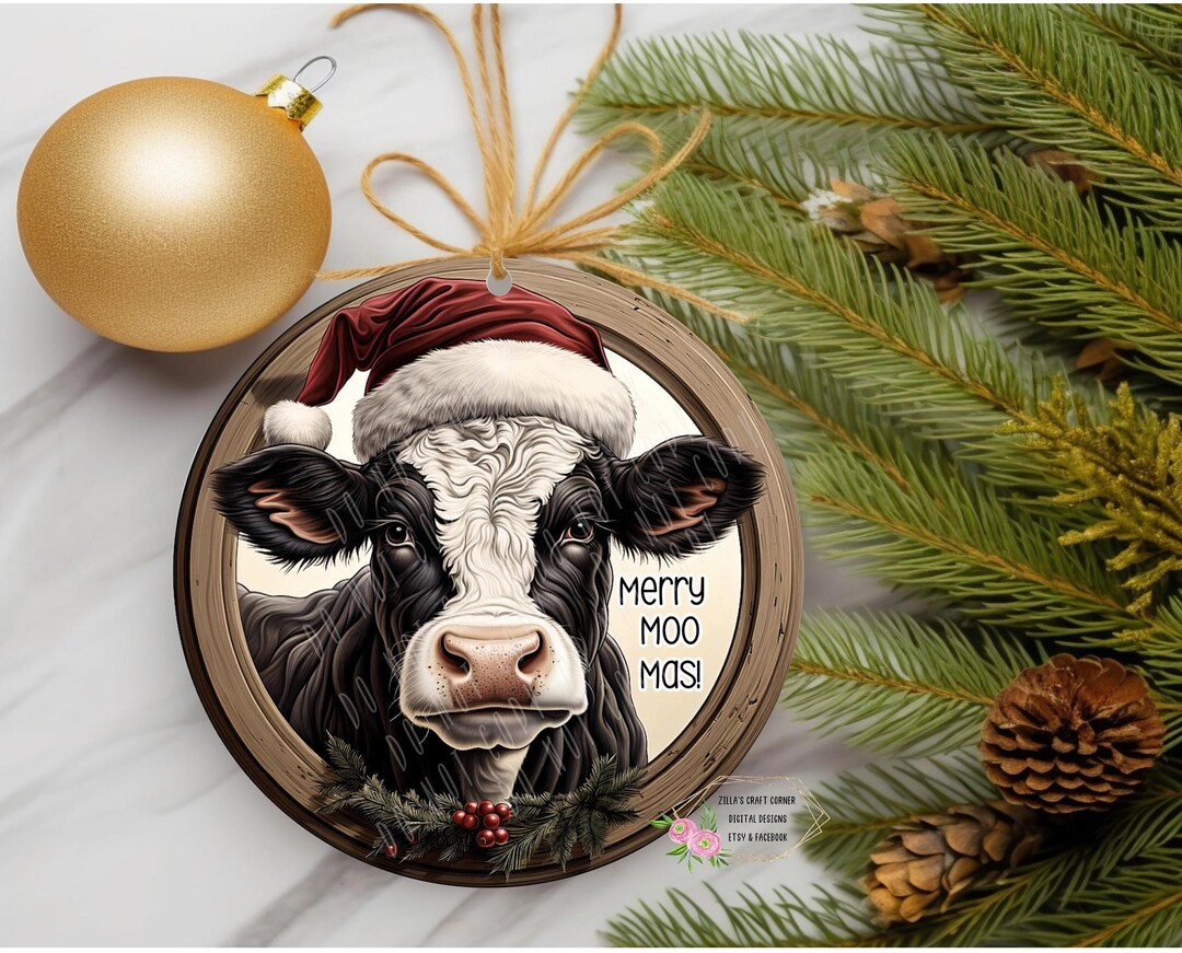 Cow Merry Moo Mas! Christmas Wood Frame Round Ornament Sublimation ...