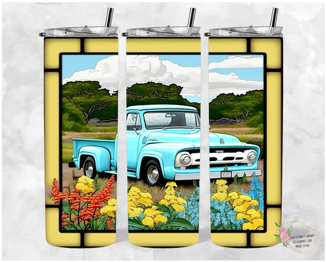Powder Blue Ford Pickup Stained Glass 20oz Skinny Tumbler Wrap (digital ...