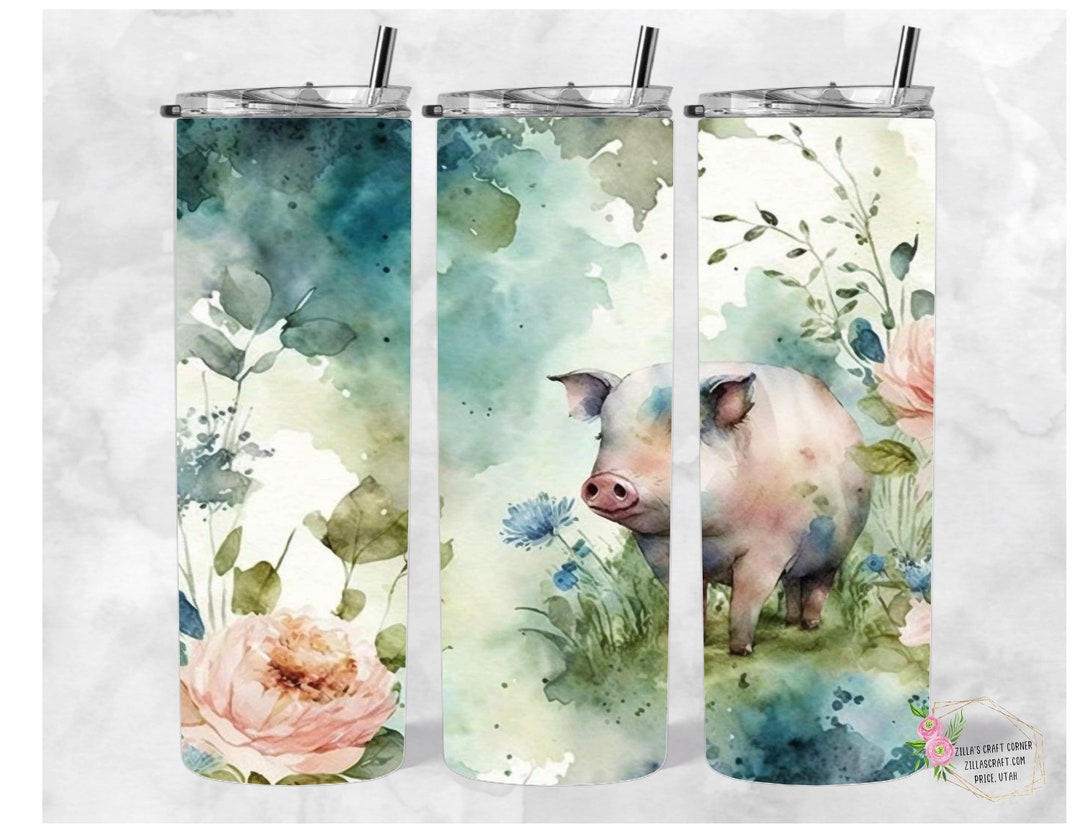 Pig Watercolor Tumbler Design, Floral 20 Oz Skinny Tumbler (PNG Digital ...