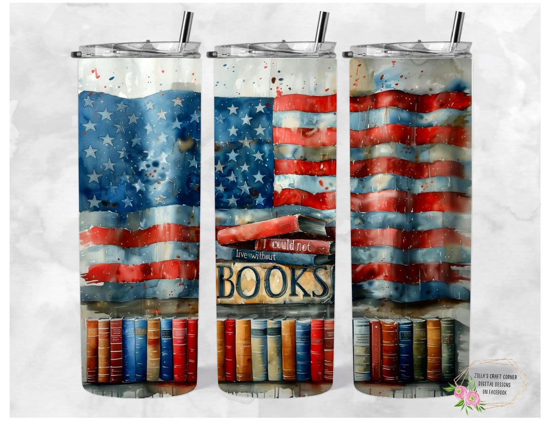 American Flag Books Tumbler: Patriotic Watercolor Design (PNG Digital ...
