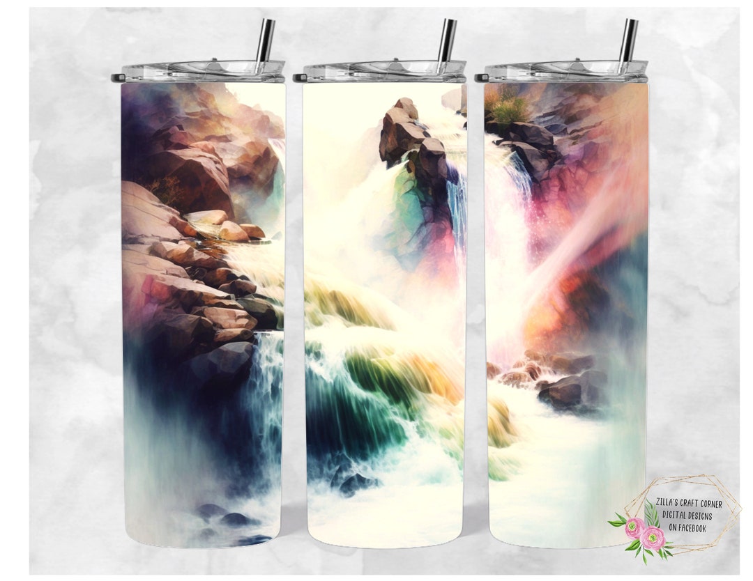 Rainbow Waterfalls Watercolor 20oz Tumbler Wrap, PNG, Seamless Design ...