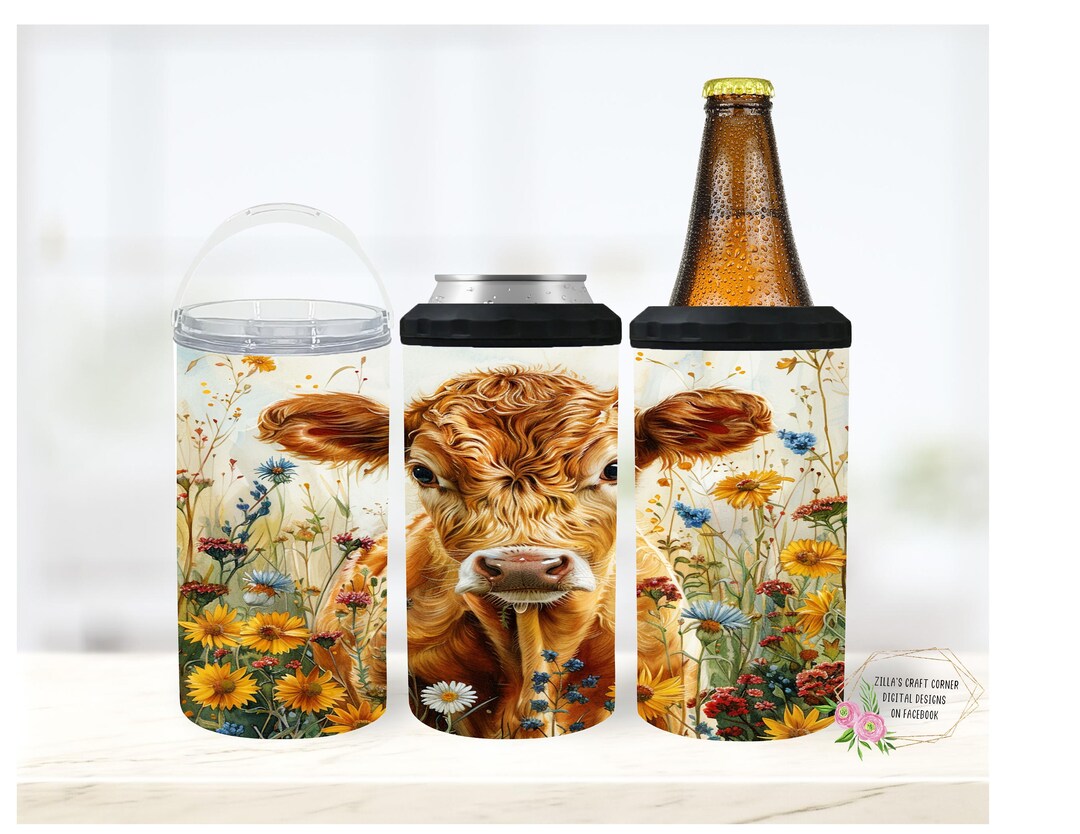 Highland Cow Can Cooler Sublimation Design: 4in1 Koozie PNG (digital ...