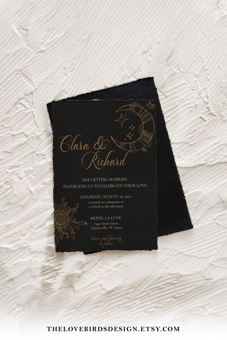 Celestial Wedding Invitation Template, Black Witchy Moon and Stars ...