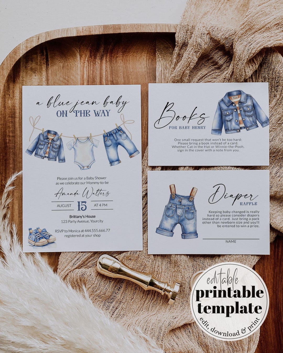 Blue Jean Baby Shower Invitation for Boys, Denim Diamond Blue Jeans ...