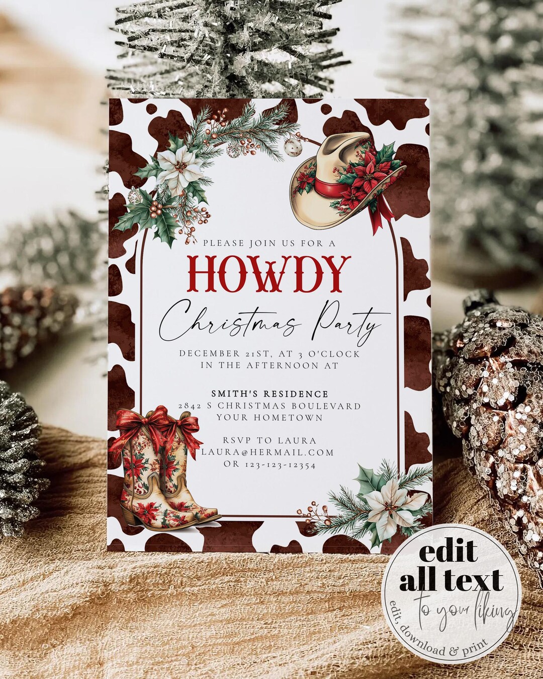 Western Christmas Party Invitation, Holiday Hoedown Cowboy Christmas ...
