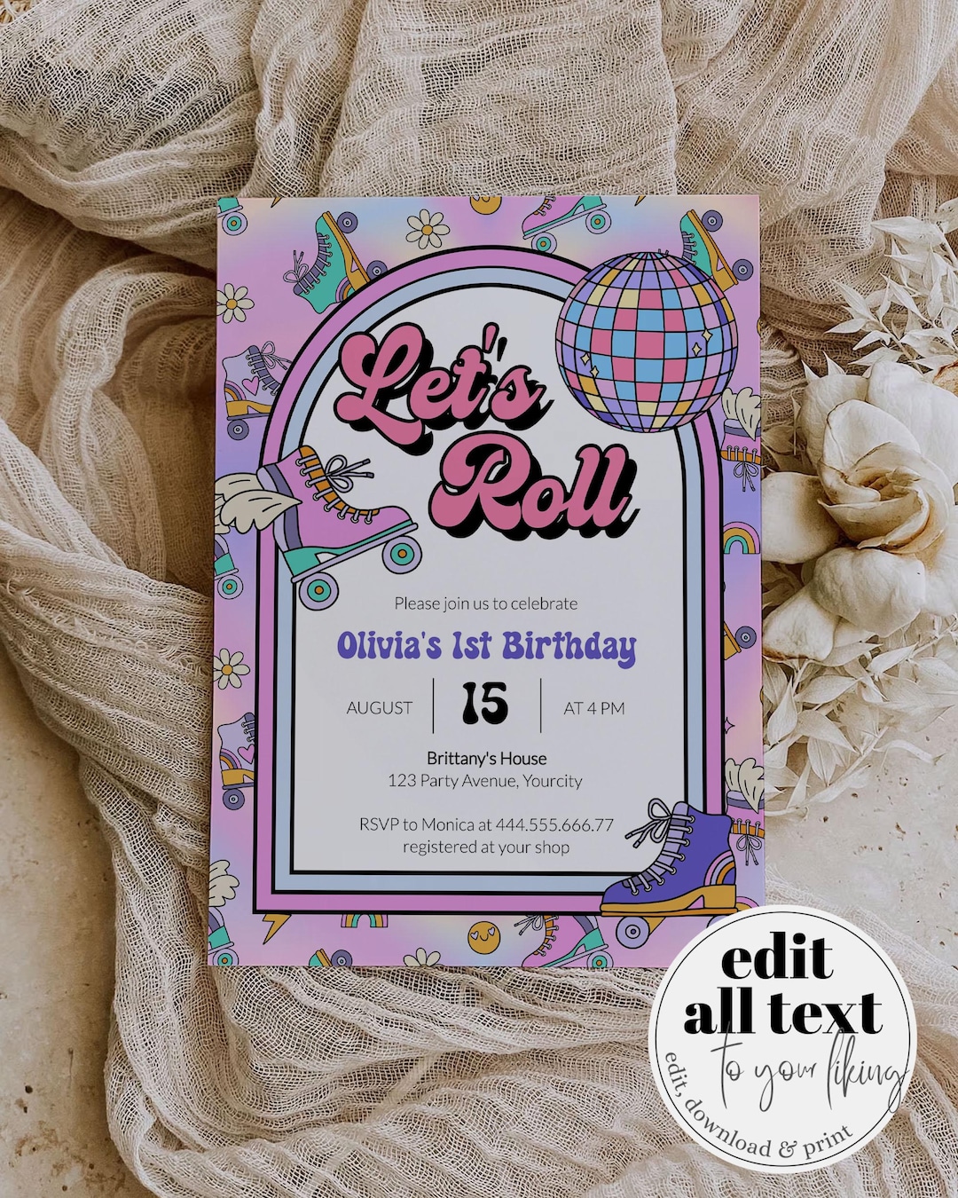 Roller Skates Birthday Invitation, Disco Groovy Roller Skating Birthday ...