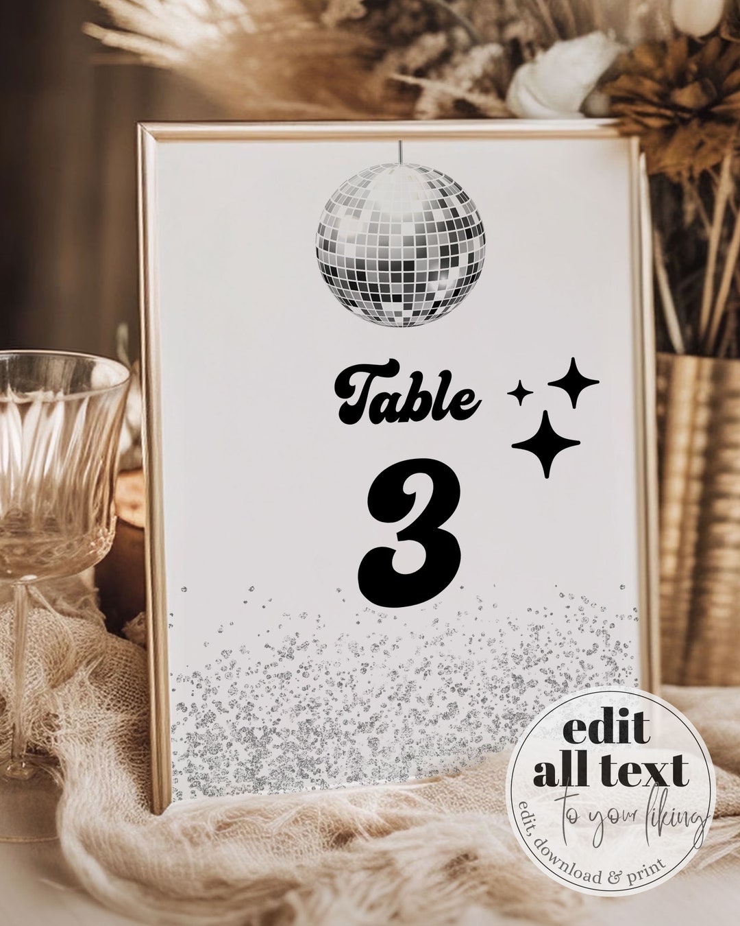 Editable Let's Disco Table Numbers Sign | Groovy 70s Disco Ball Table ...