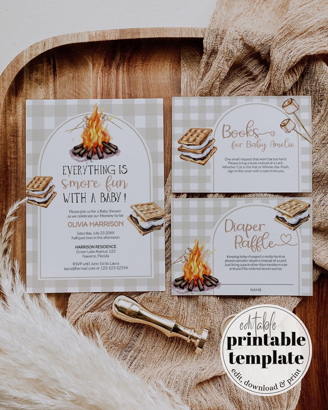 Smores Baby Shower Invitation Template Editable Beige Gingham Bonfire ...