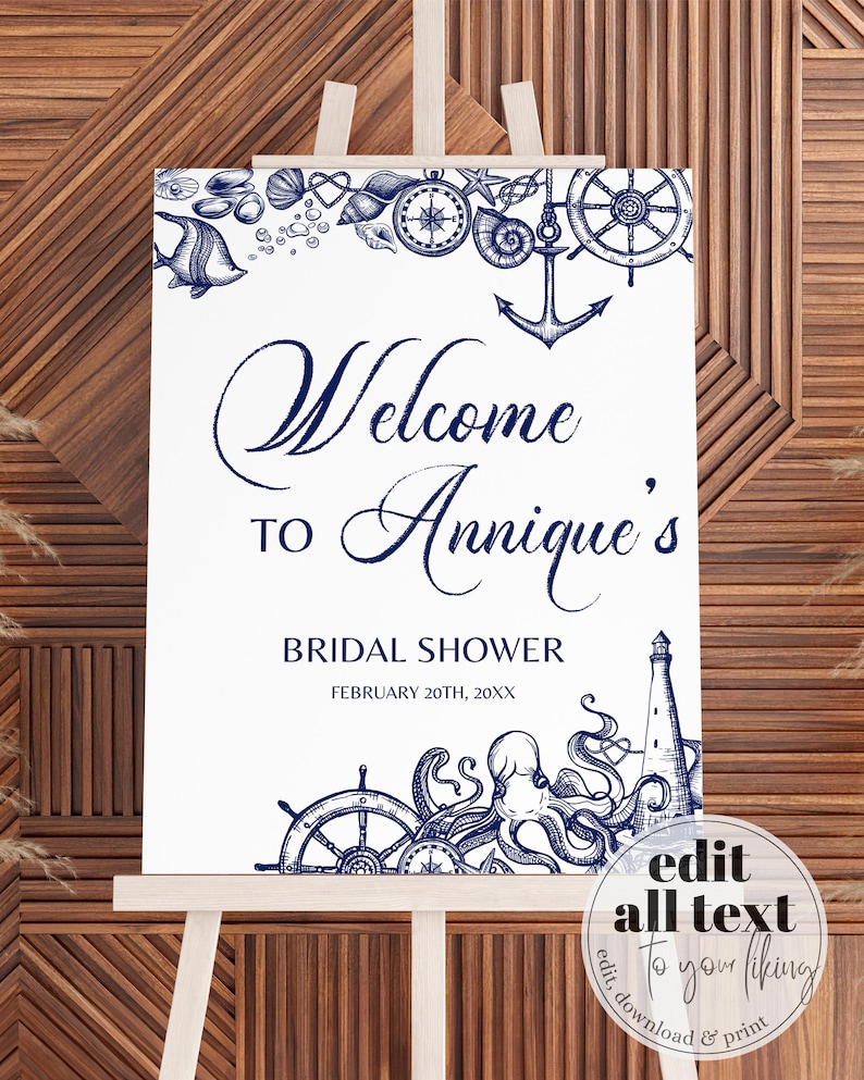 Nautical Bridal Shower Welcome Sign Template, Beach Marine Bachelorette ...