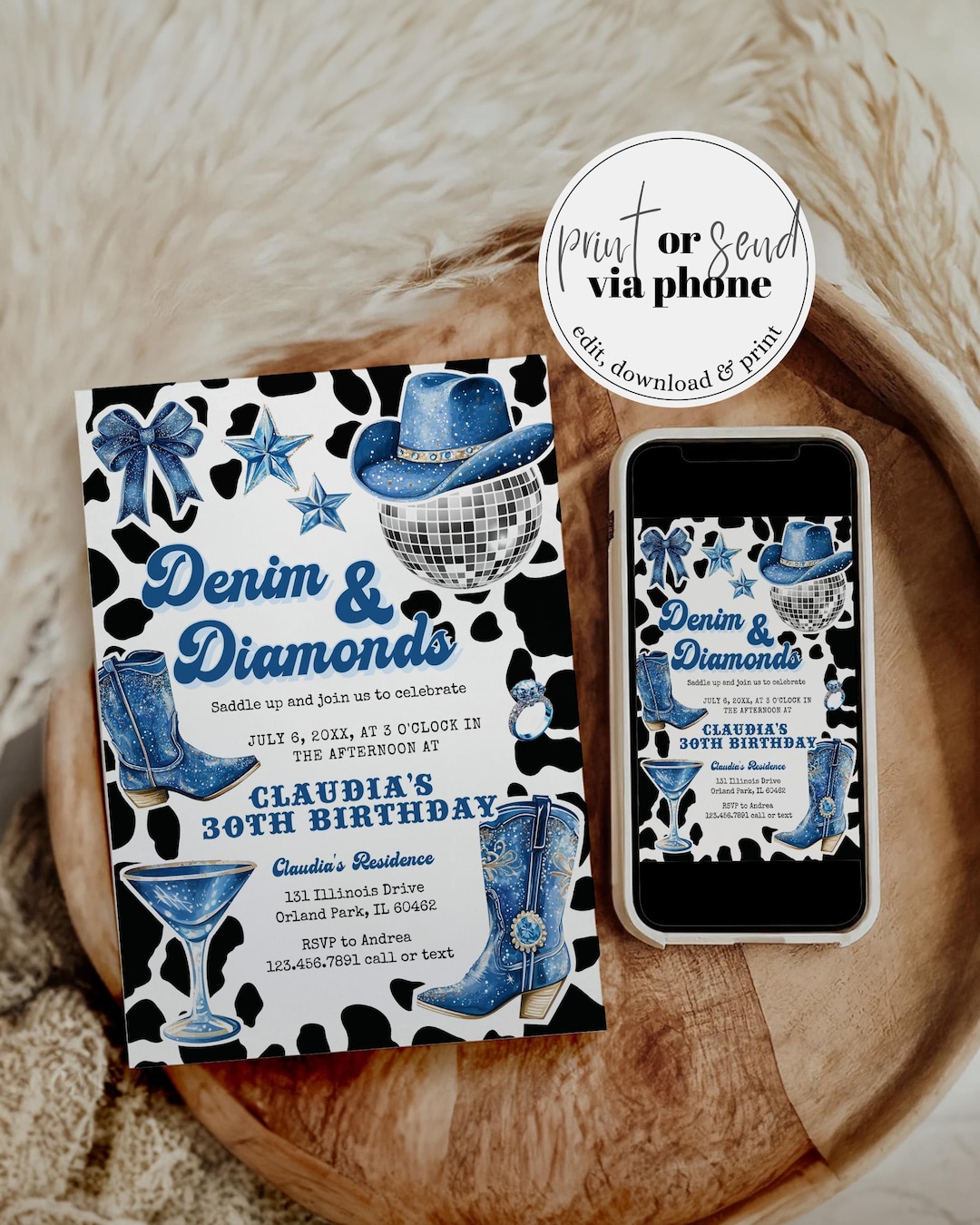 Denim and Diamonds Birthday Invitation, Blue Cowgirl Adult Disco Party ...