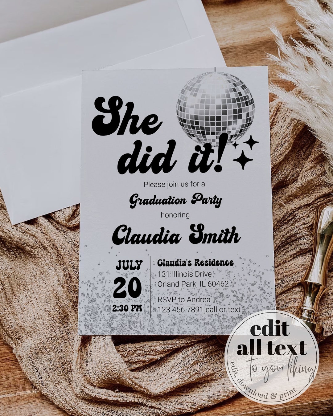 Editable Disco Graduation Party Invitation for Retro Grad | Groovy 70s ...