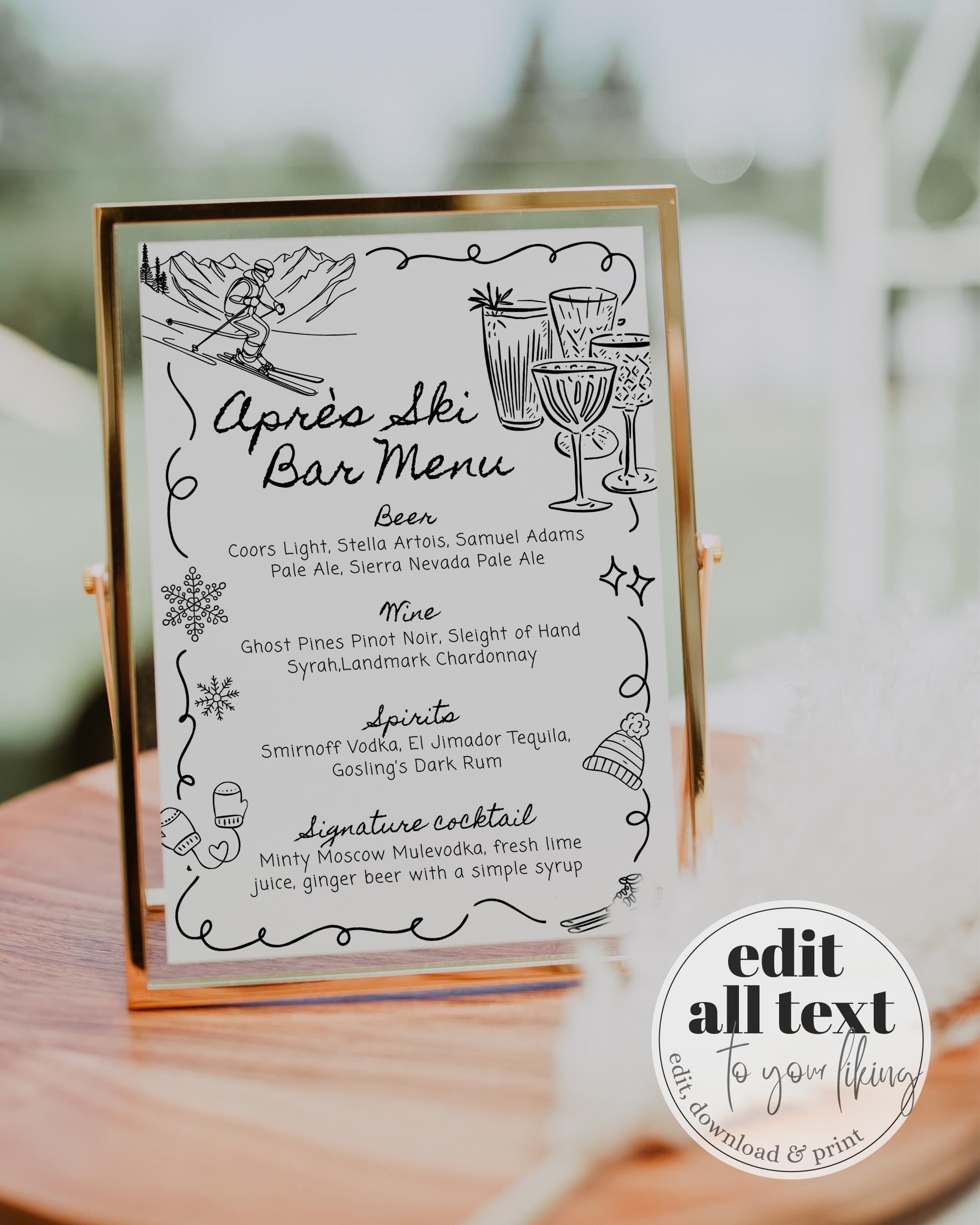 Après Ski Bar Menu Sign Template, Handwritten Winter Mountain Cocktail ...