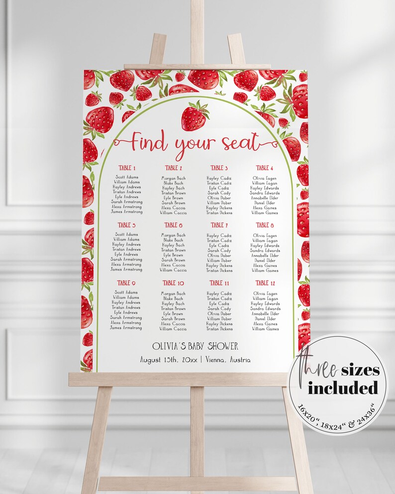 Strawberry Seating Chart Sign Template, Berry First Birthday Find Your ...