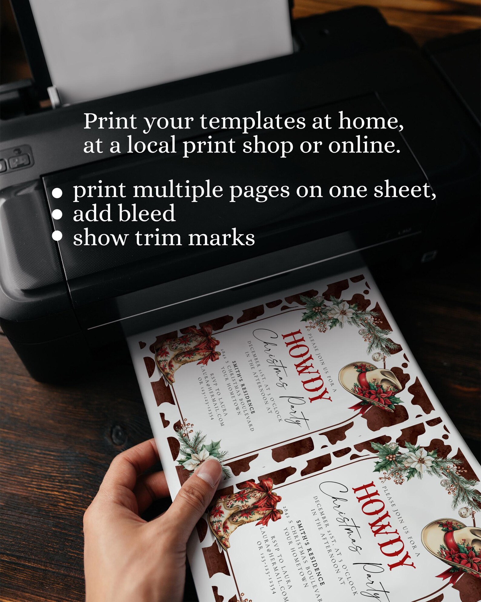 Western Howdy Christmas Party Invitation Template, Cow Print Holiday ...