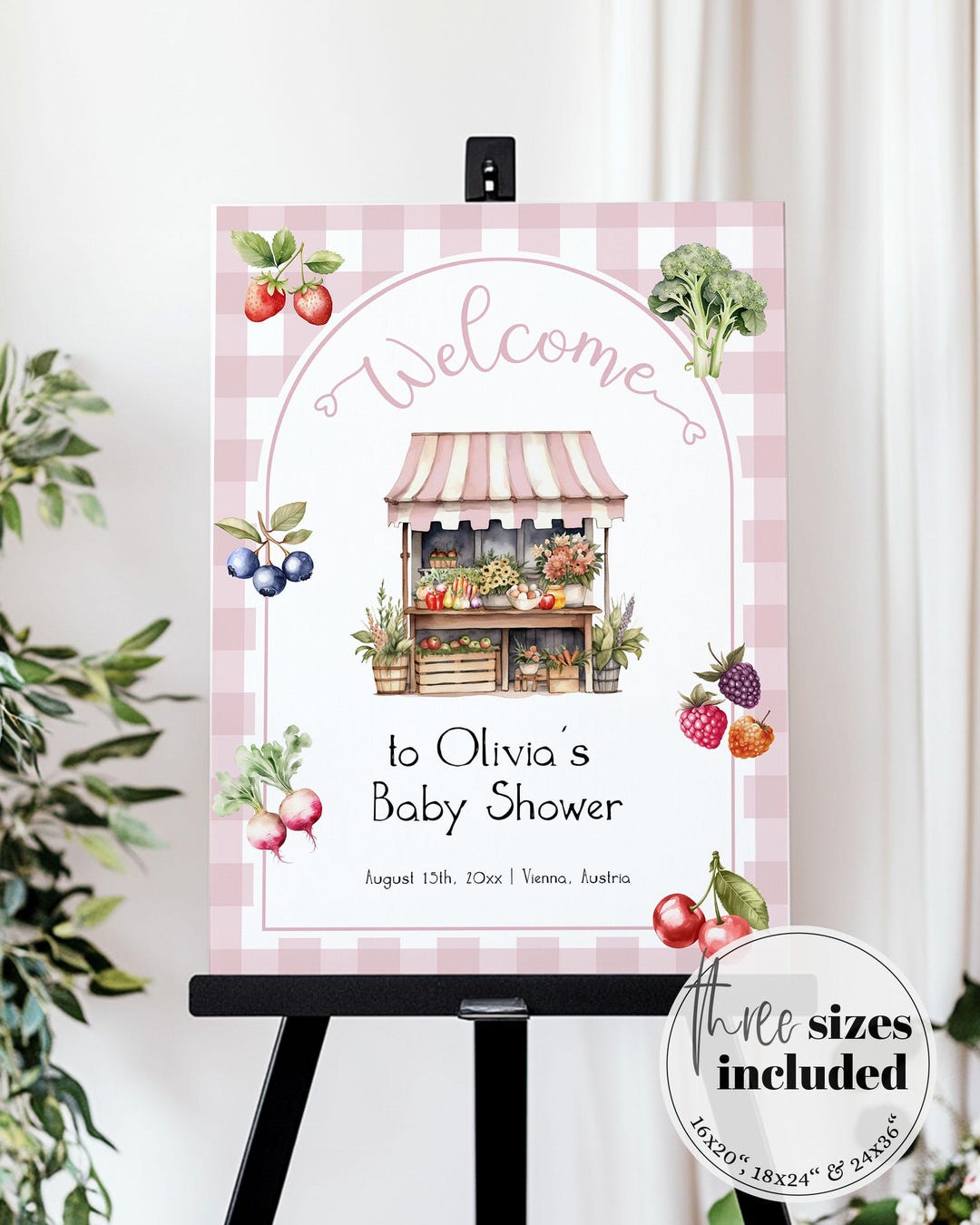 Locally Grown Baby Shower Welcome Sign, Pink Farmers Market Fruit Theme ...