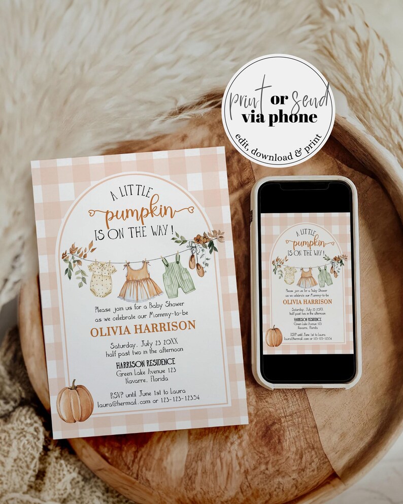 Orange Pumpkin Baby Shower Invitation Suite, Fall Cutie Pie Clothesline ...