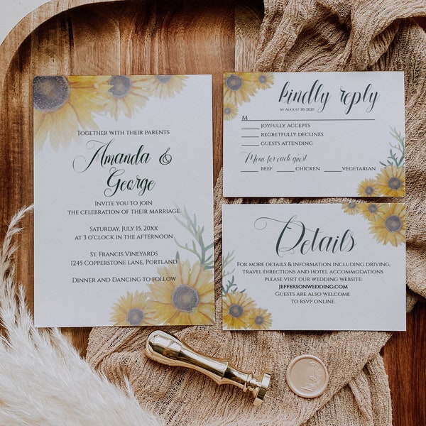 Rustic Sunflower Wedding Invitation Template - Etsy