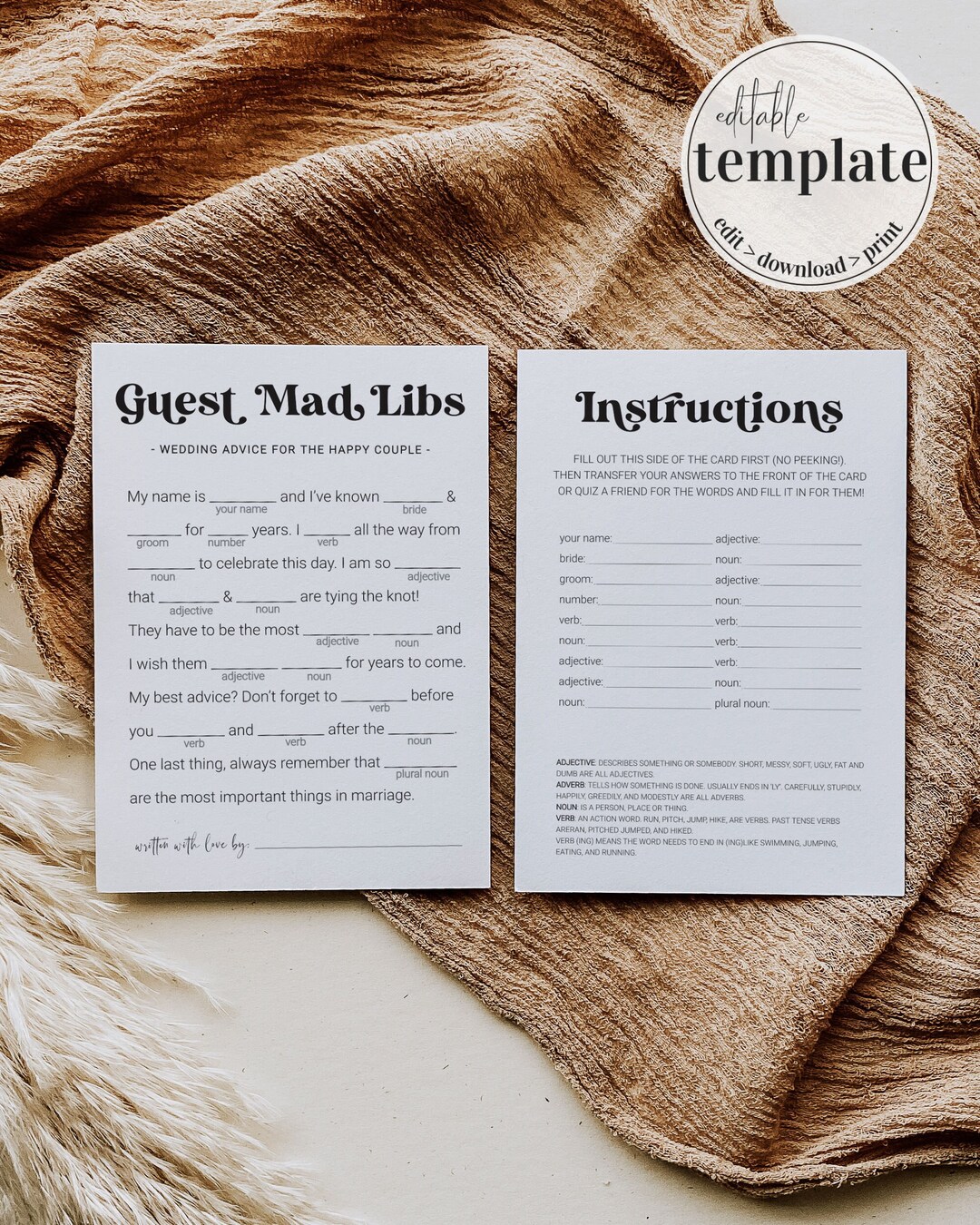 Mad Libs Wedding Guest Book Game for Adults Bridal Shower | Printable ...