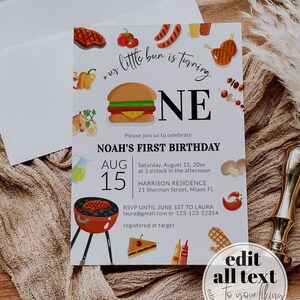 BBQ Burger 1st Birthday Invite, Bun Ist Turning ONE BBQ Summer Boy ...