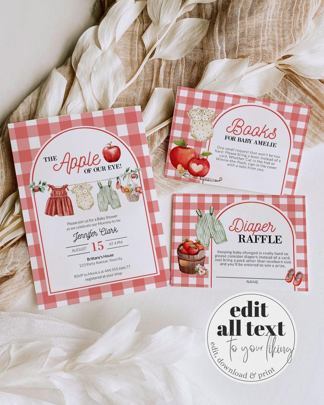 Red Apple Baby Shower Invitation With Clothesline Gingham Apple of Our ...