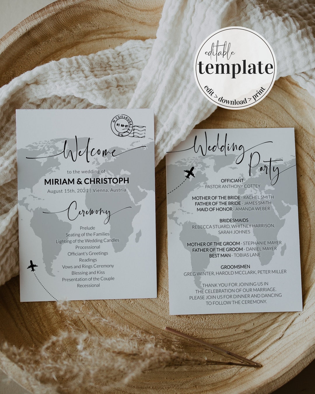 Destination Wedding Program and Ceremony Itinerary Template for Travel ...