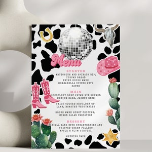 Disco Cowgirl Menu Card Template | Nashville Space Cowgirls Party Decor ...