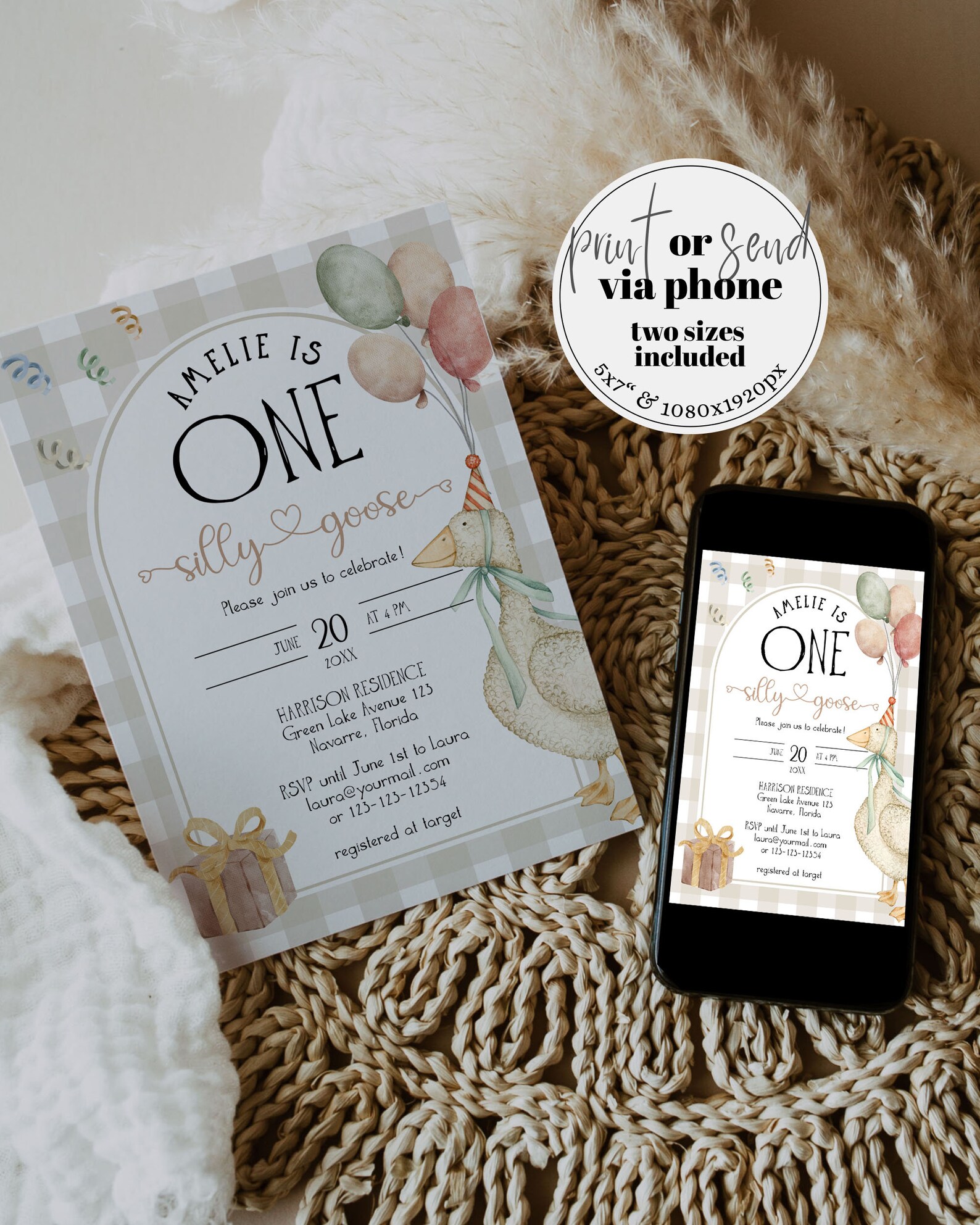 One Silly Goose Gender Neutral First Birthday Invitation Template ...