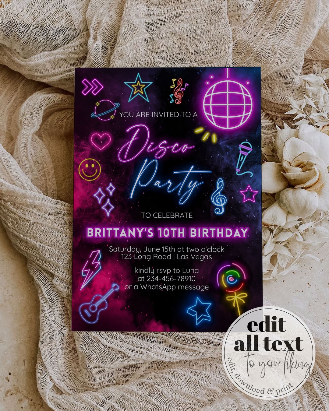 Neon Disco Party Invite for Glow Dance Party for Birthday or Shower ...