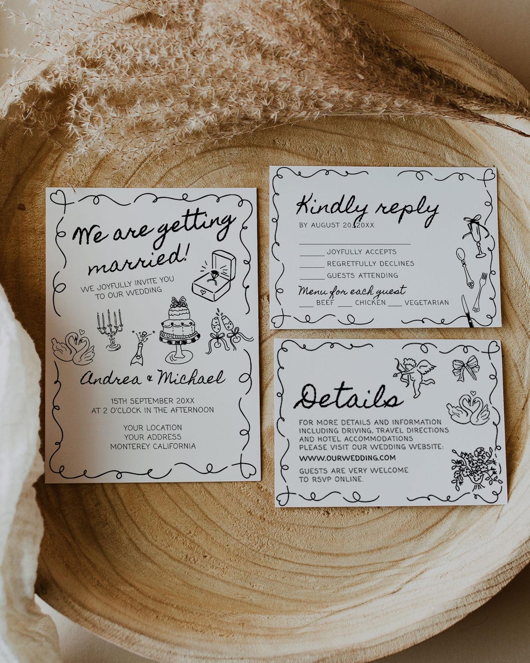 Hand Drawn Wedding Invite With Wavy Frame, Funky Doodle Wedding ...