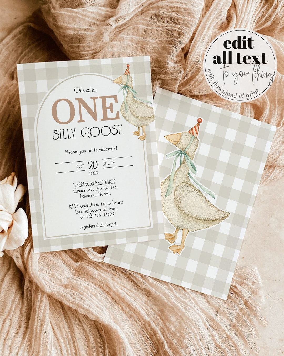 One Silly Goose Gender Neutral First Birthday Invitation, Silly Goose ...