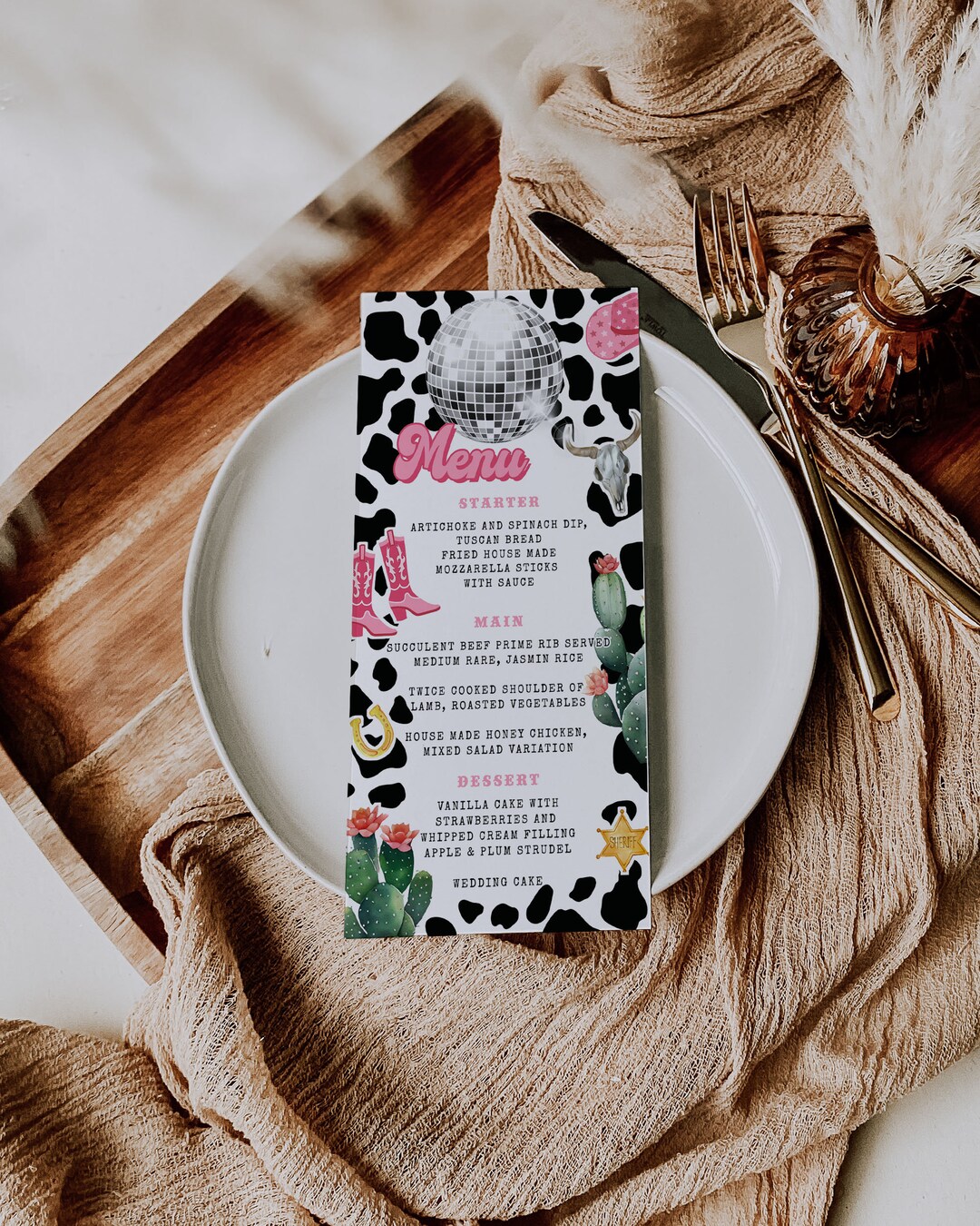 Disco Cowgirl Menu Card Template | Nashville Space Cowgirls Party Decor ...