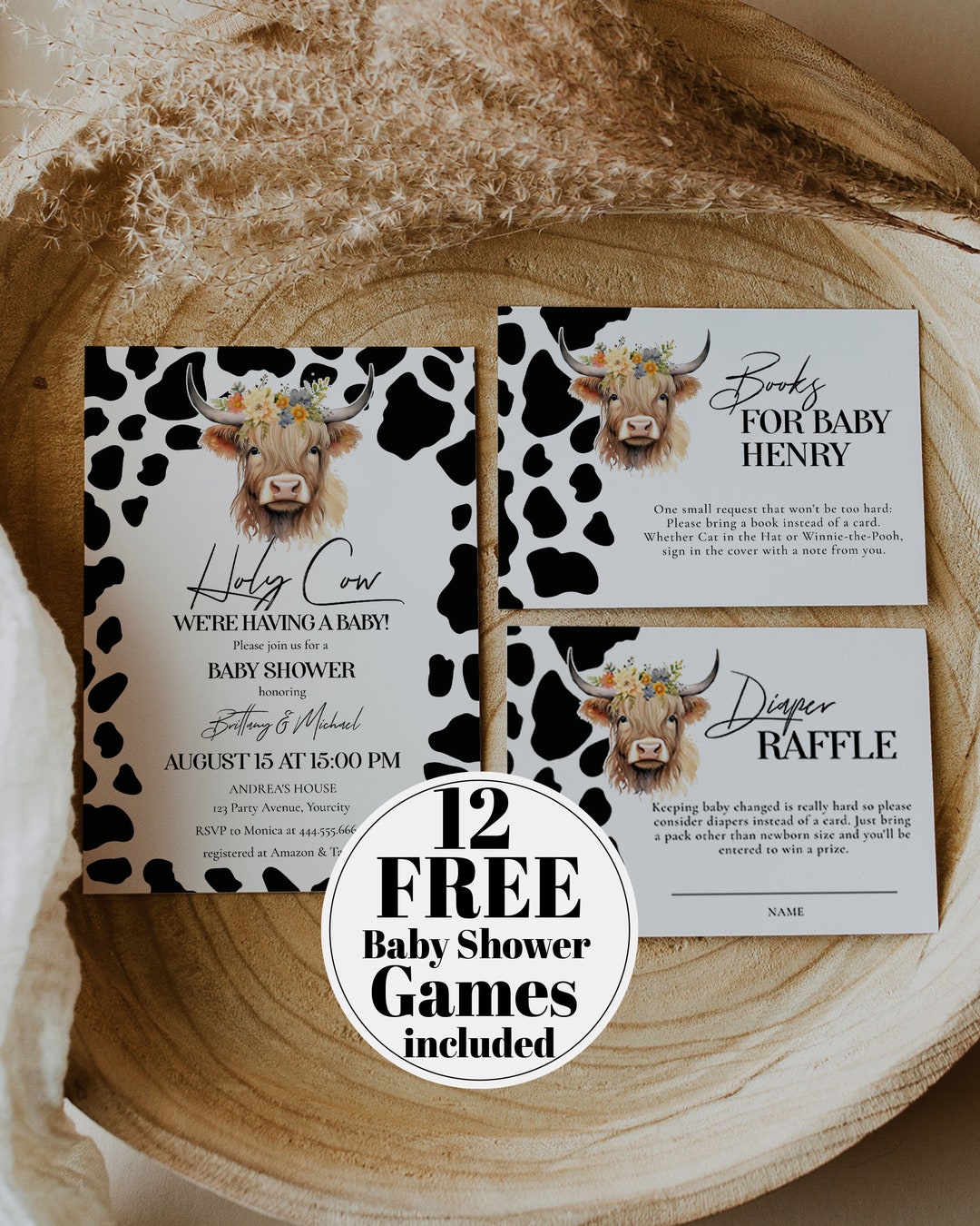 Boho Highland Cow Baby Shower Invitation Set, Holy Cow Invite and ...