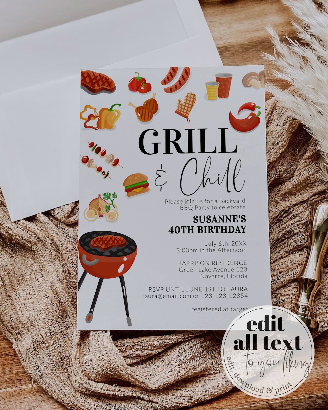 Grill and Chill BBQ Party Invite for Summer Family Reunion, Outdoor ...