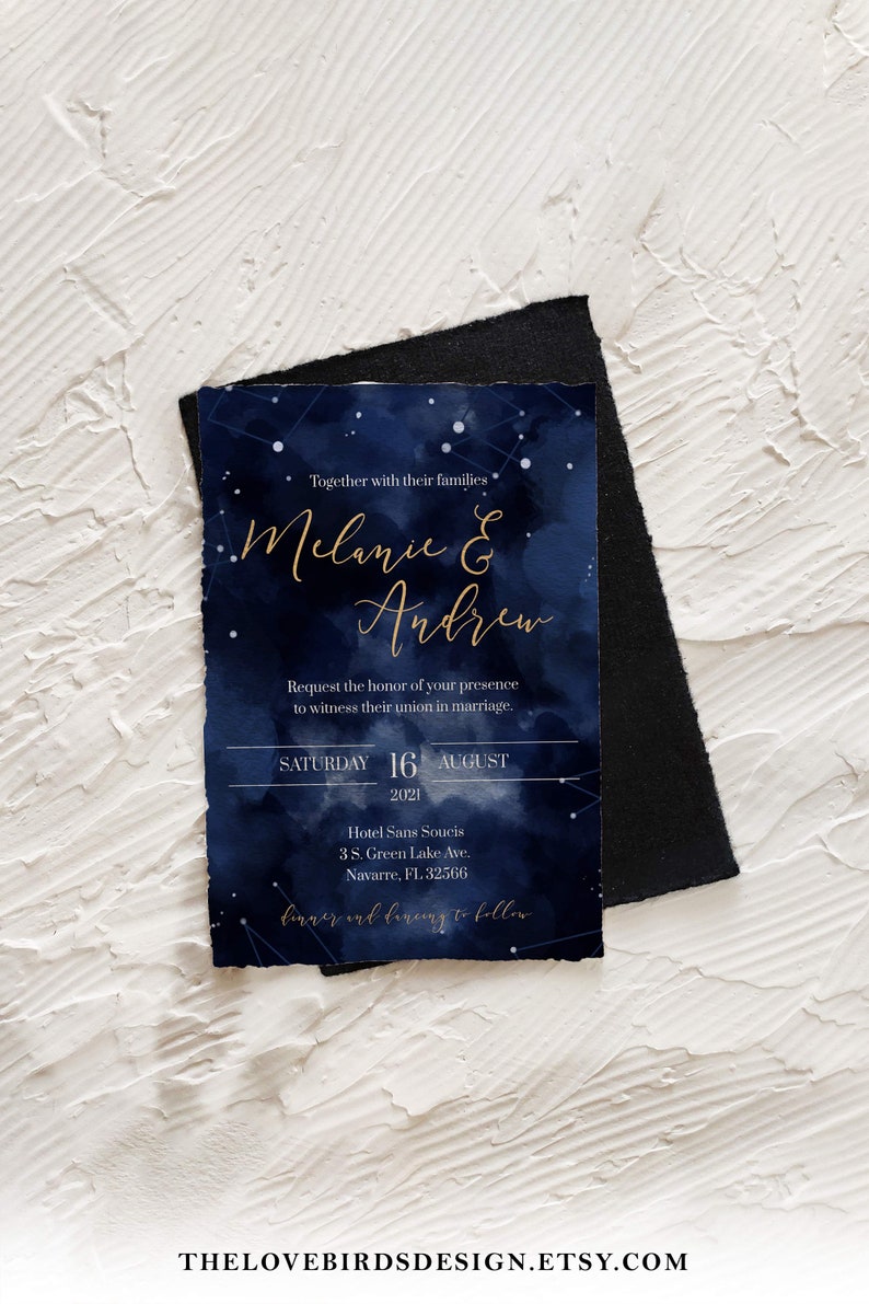 Celestial Moon Wedding Invitation Template Navy Blue and Gold | Etsy
