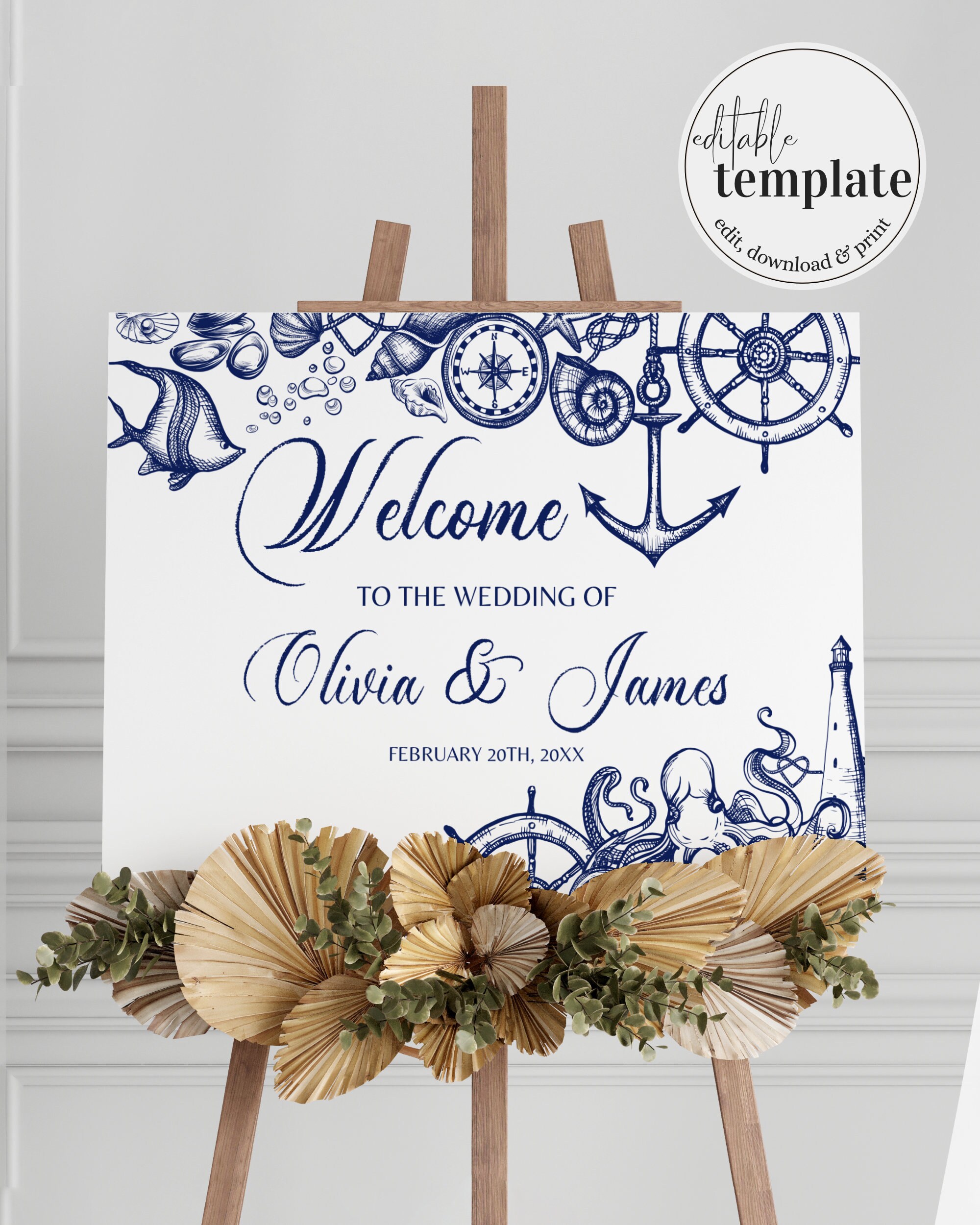 Nautical Wedding Welcome Sign Template, Beach Reception Ocean Theme - Etsy