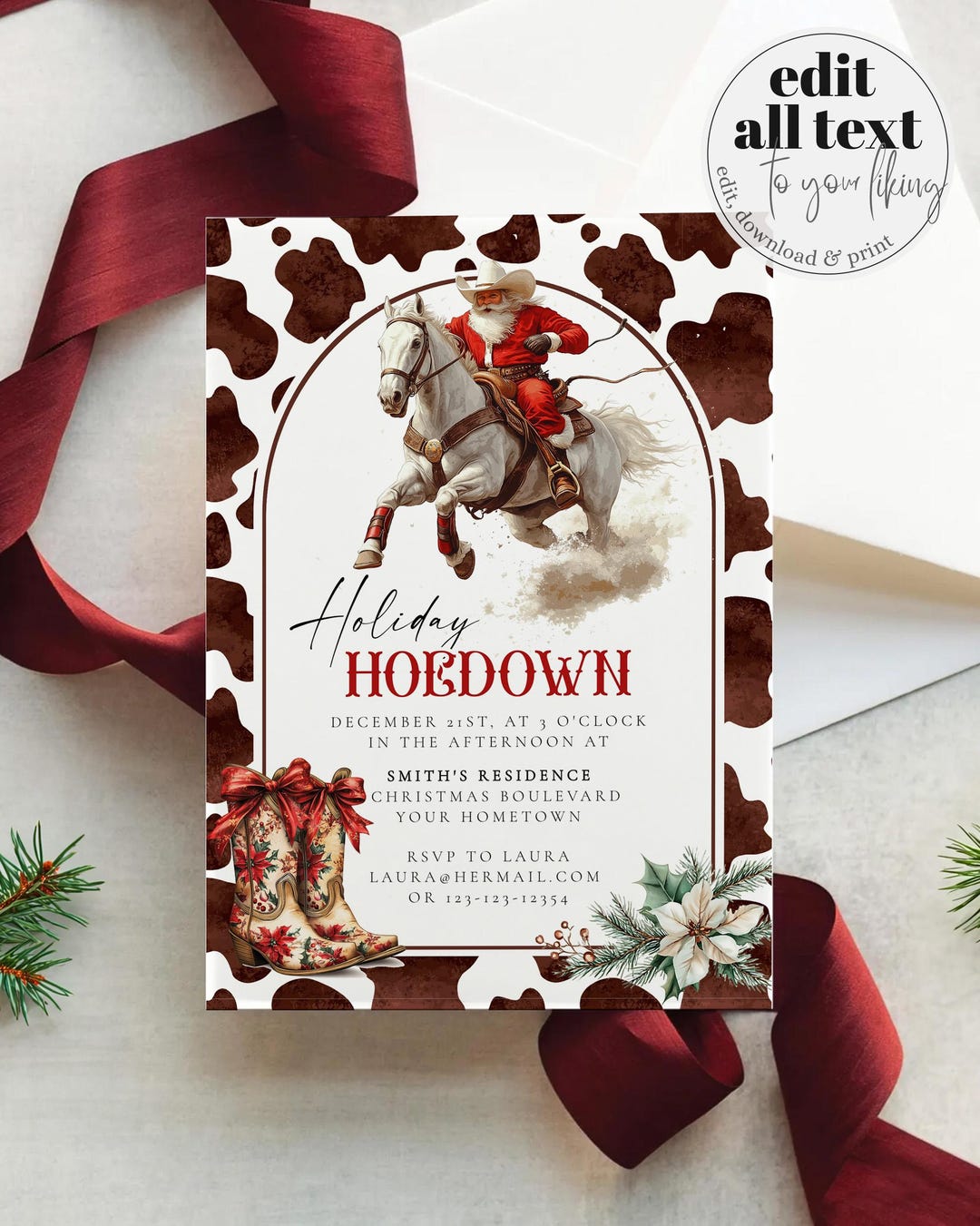 Retro Western Santa Christmas Party Invitation, Holiday Hoedown Cowboy ...