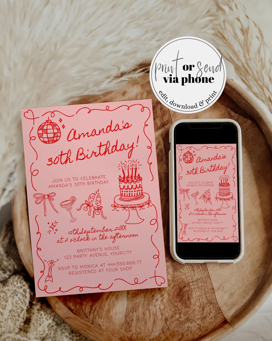 Wavy Doodle Birthday Invitation, Funky Handwritten Adult Birthday ...